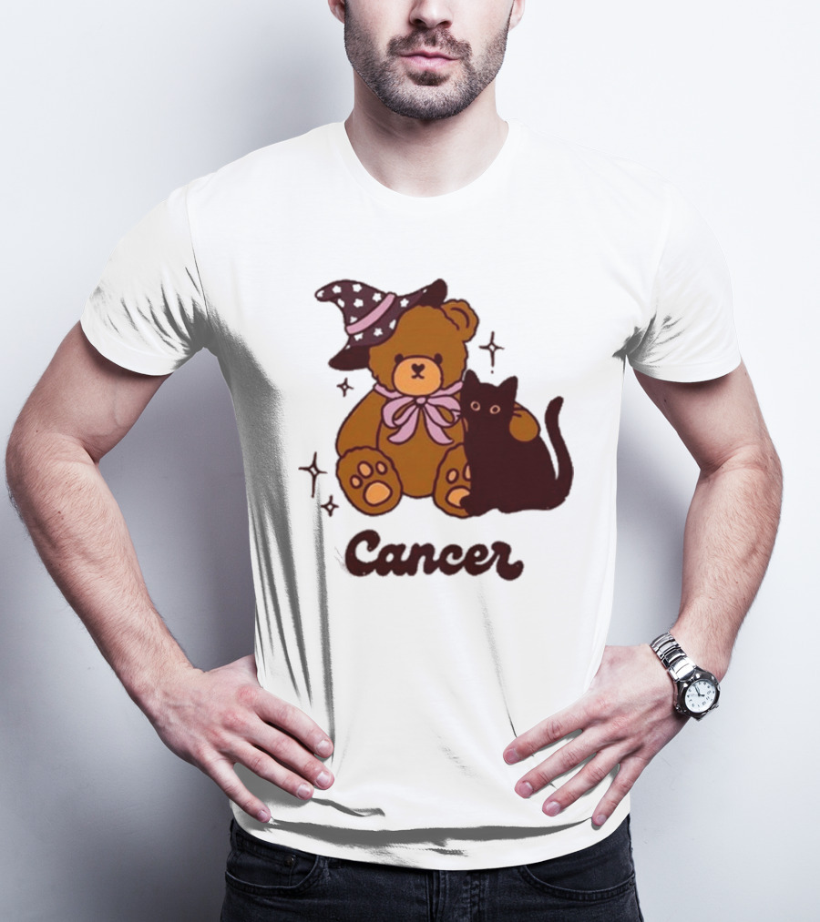 Cancer Teddy Bear With Witch Hat And Black Cat T-Shirt
