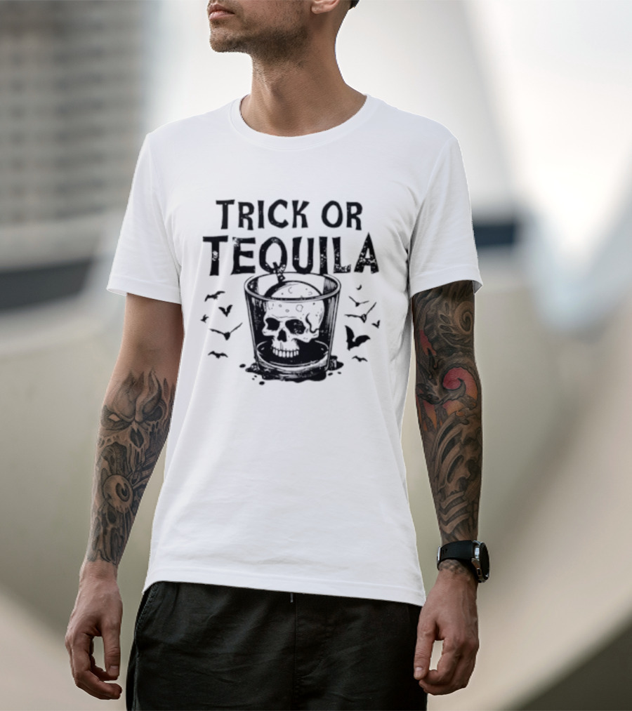 Trick Or Tequila Skull Glass With Bats T-Shirt