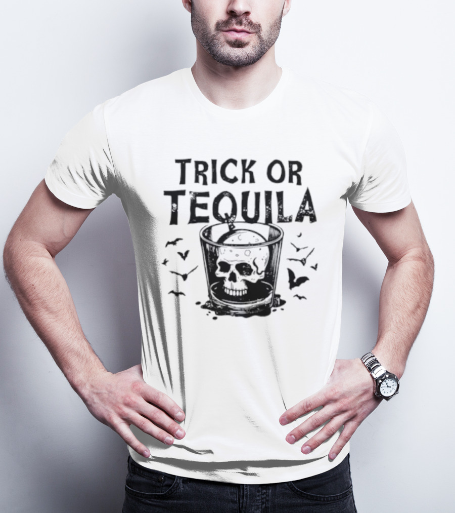 Trick Or Tequila Skull Glass With Bats T-Shirt