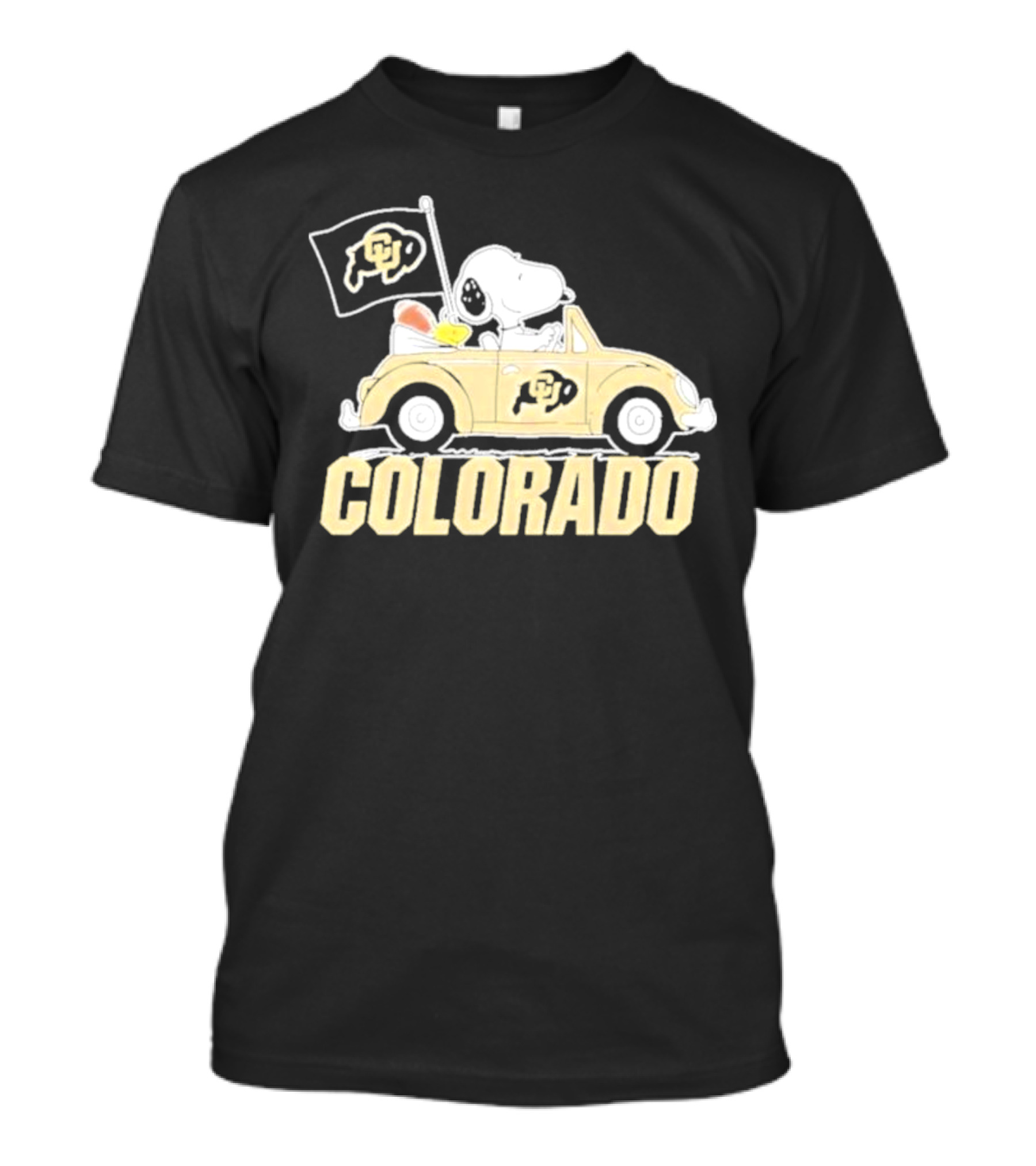 Snoopy And Woodstock Drive Colorado Buffaloes Car With Flag T-Shirt
