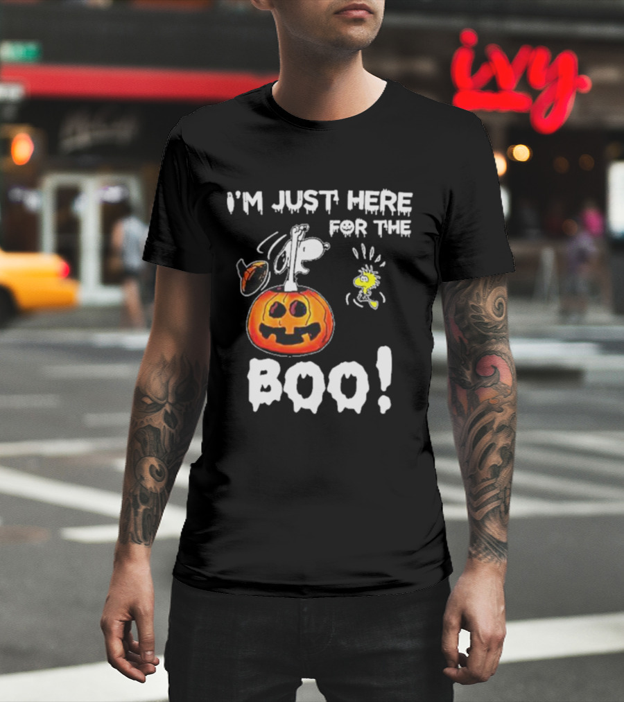 Snoopy And Woodstock Halloween I'm Just Here For The Boo Pumpkin T-Shirt