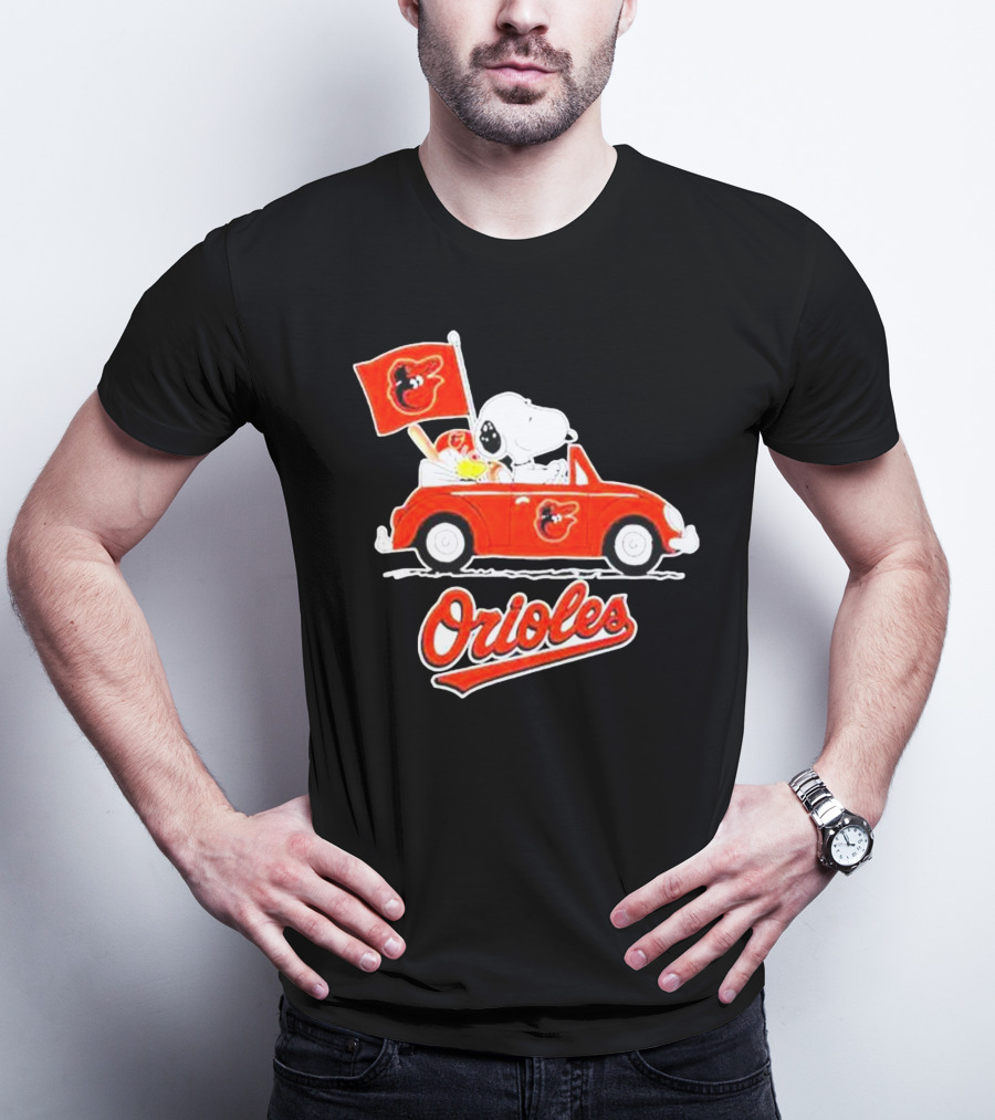 Snoopy Driving Red Car With Baltimore Orioles Flag And Orioles Text T-Shirt