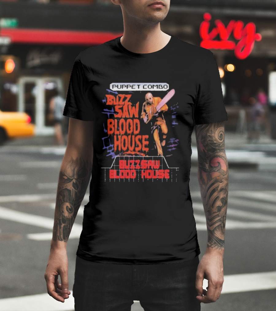 Puppet Combo Buzz Saw Blood House Horror Gamer T-Shirt