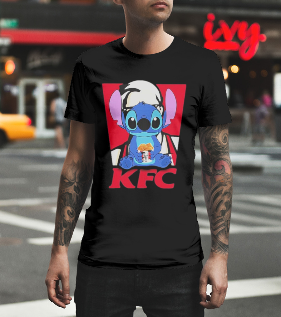 Stitch Eating KFC With Logo Background T-Shirt