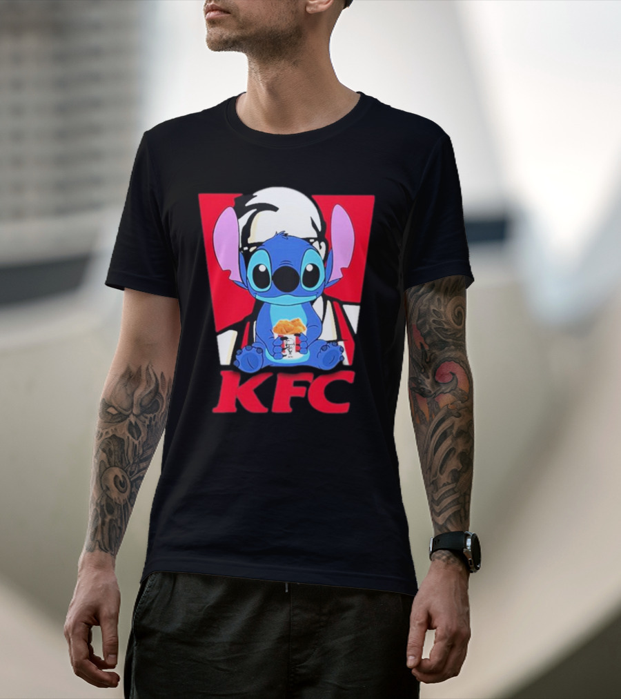 Stitch Eating KFC With Logo Background T-Shirt