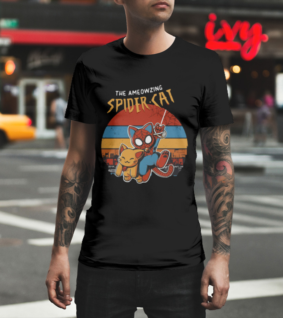 The Ameozing Spider Cat Retro Style Graphic With Web-Slinging Cat Superhero And Orange Cat Companion T-Shirt