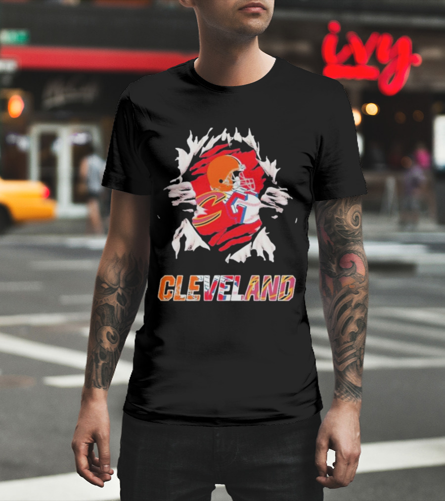Cleveland Football Helmet And Jersey Inside Torn T-Shirt
