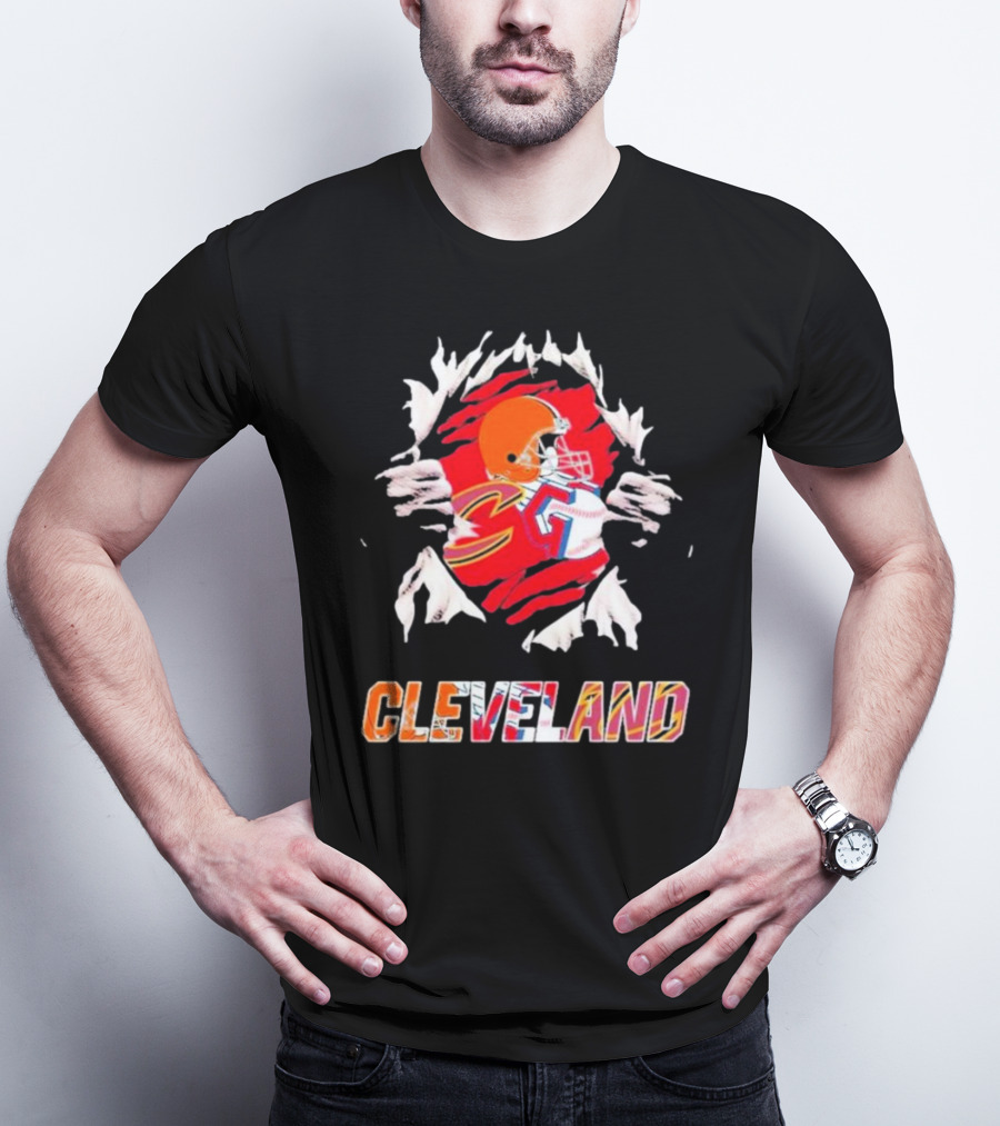 Cleveland Football Helmet And Jersey Inside Torn T-Shirt