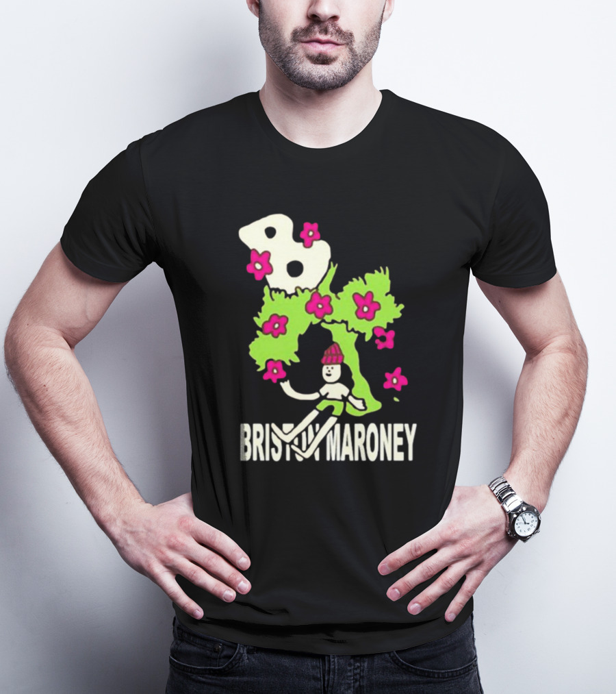 Briston Maroney Cartoon Character With Green Planet And Pink Flowers T-Shirt