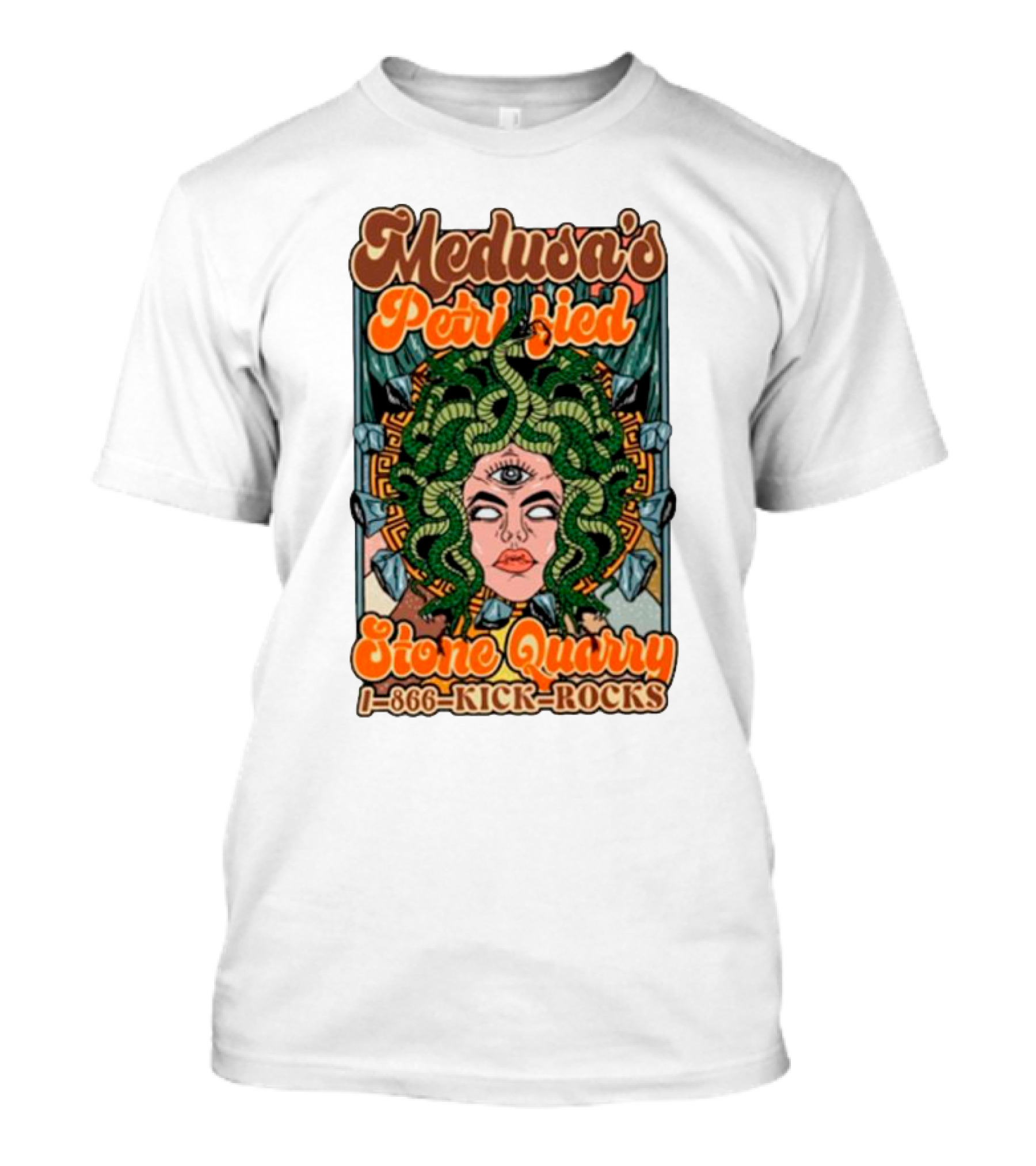 Medusa's Petrified Stone Quarry 1-866-Kick-Rocks Serpentine Gorgon Face With Third Eye And Stone Background T-Shirt