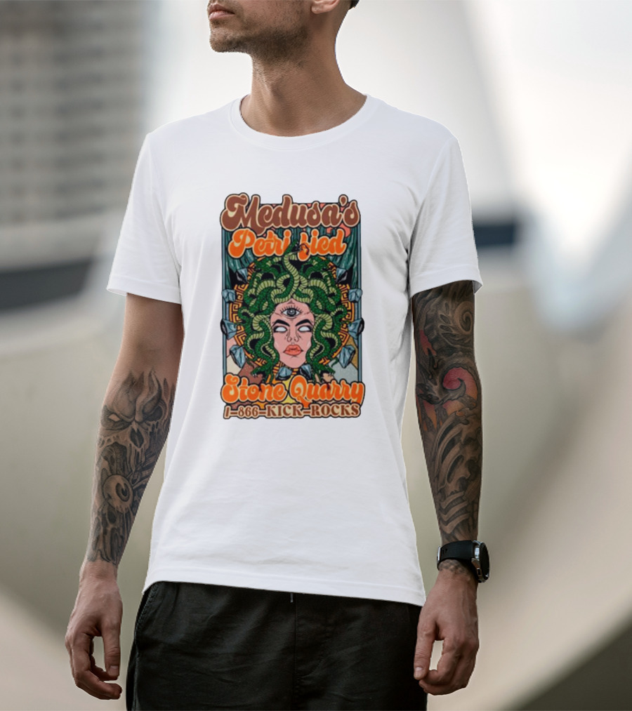 Medusa's Petrified Stone Quarry 1-866-Kick-Rocks Serpentine Gorgon Face With Third Eye And Stone Background T-Shirt