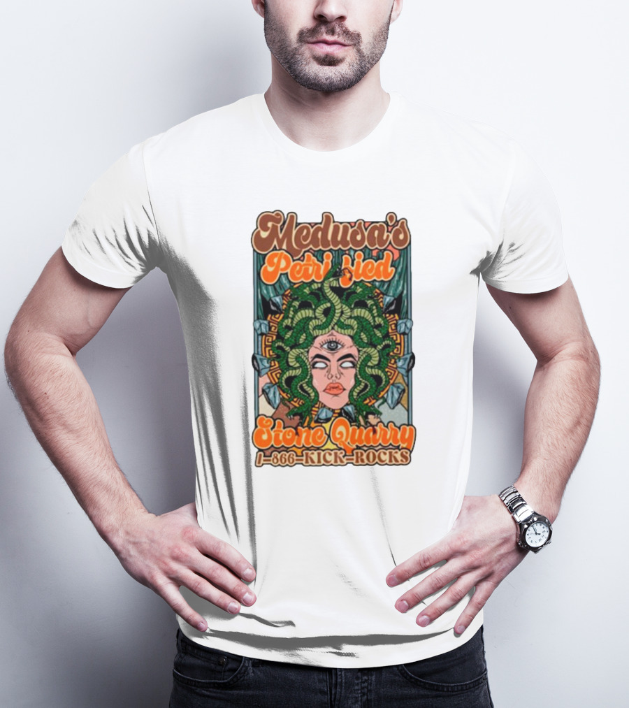 Medusa's Petrified Stone Quarry 1-866-Kick-Rocks Serpentine Gorgon Face With Third Eye And Stone Background T-Shirt