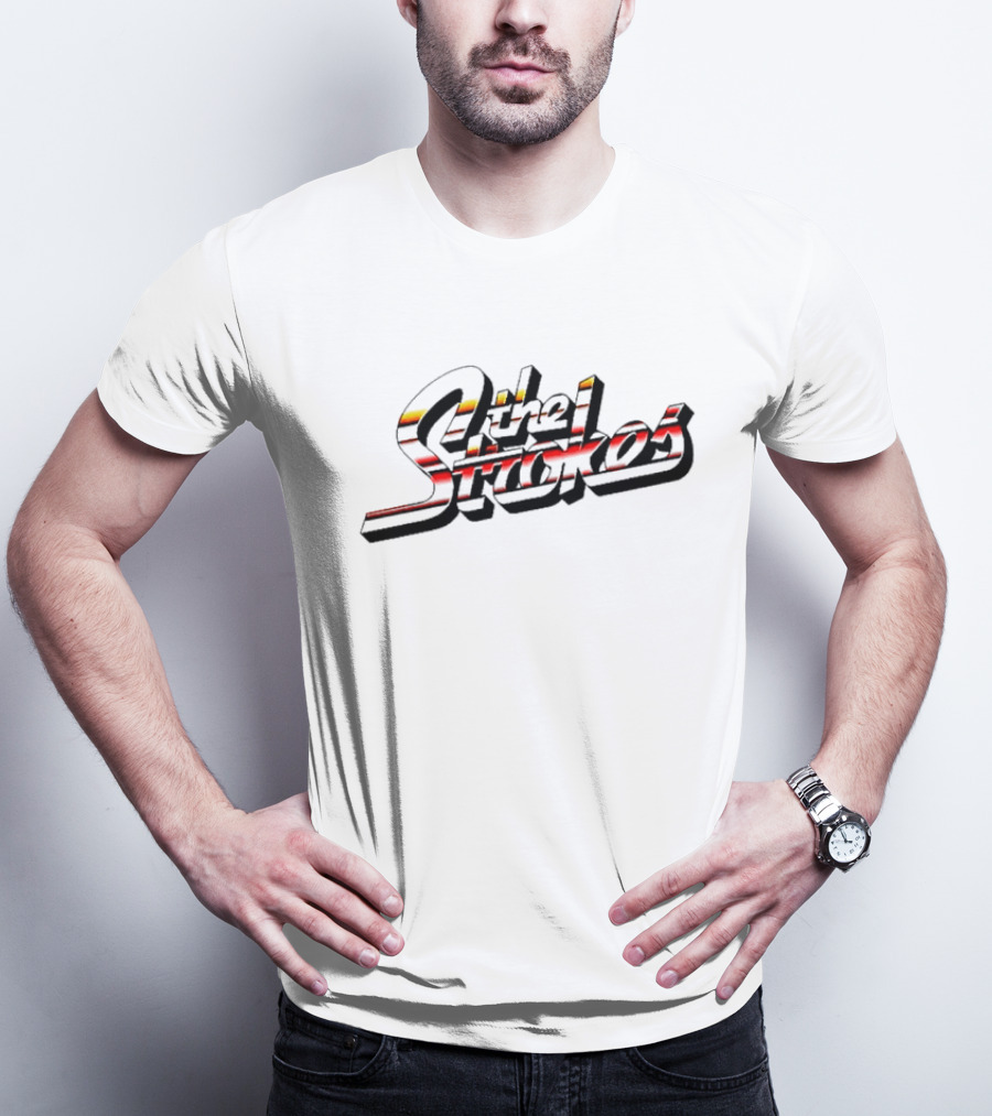 The Strokes Striped Text With Red And Yellow Accents T-Shirt