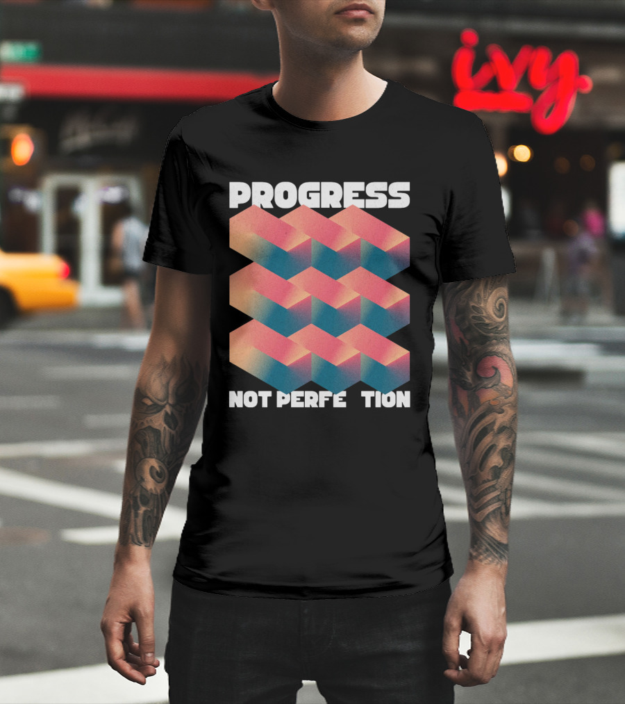 PROGRESS NOT PERFECTION Geometric Illusion 3D Blocks T-Shirt