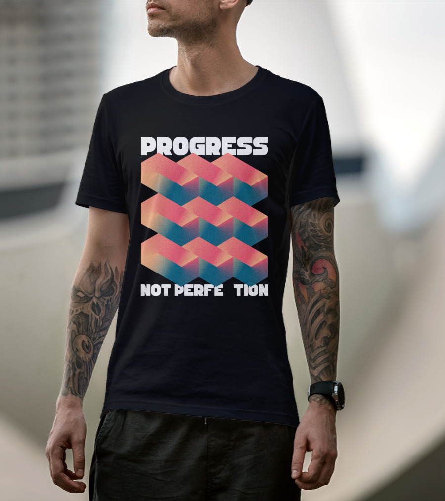PROGRESS NOT PERFECTION Geometric Illusion 3D Blocks T-Shirt