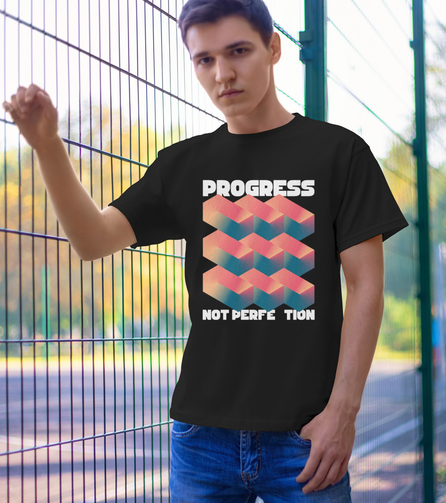 PROGRESS NOT PERFECTION Geometric Illusion 3D Blocks T-Shirt