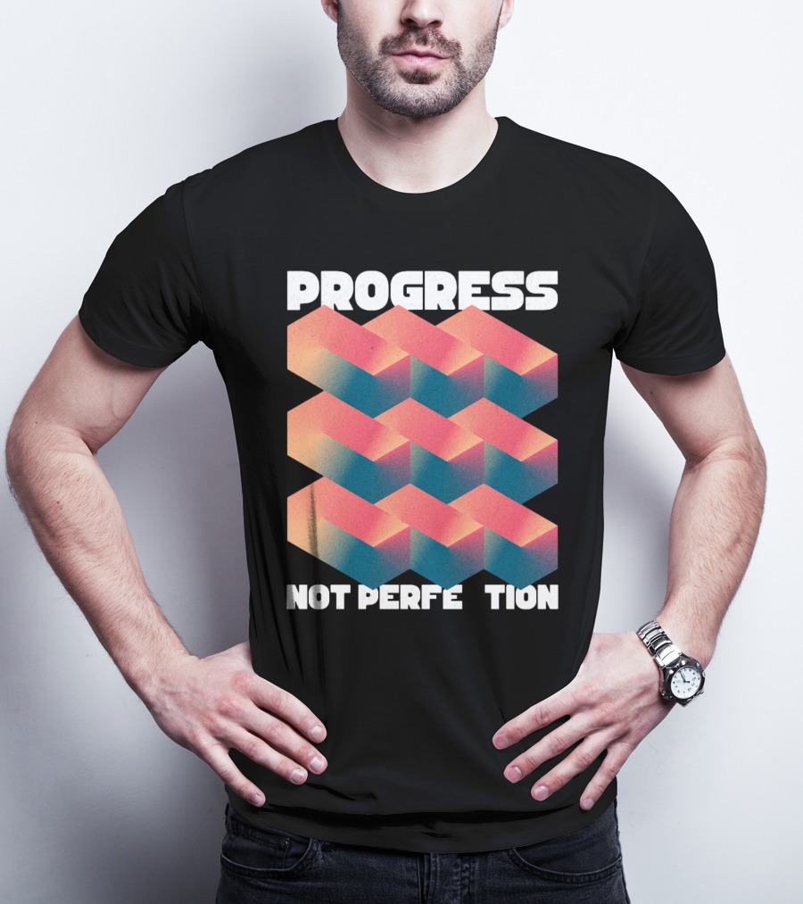 PROGRESS NOT PERFECTION Geometric Illusion 3D Blocks T-Shirt