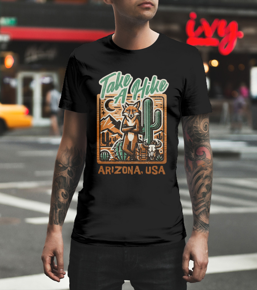 Take A Hike Arizona USA Desert Fox And Cactus Scene T-Shirt