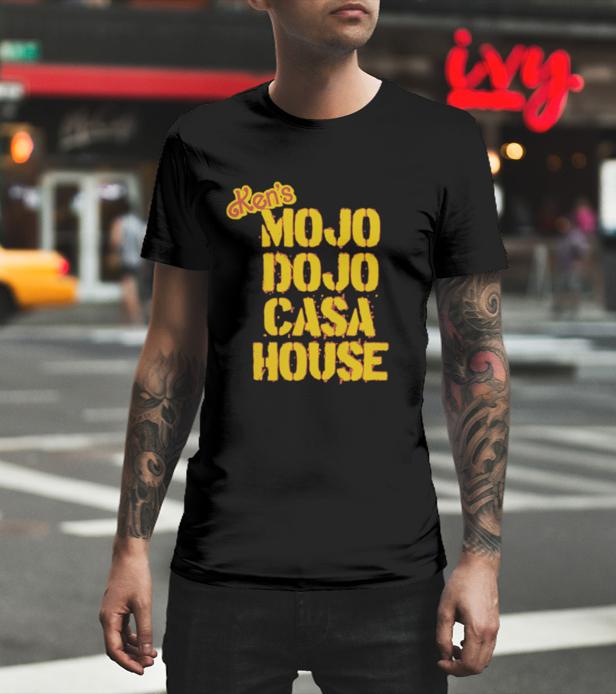 Ken's Mojo Dojo Casa House Yellow Grunge Text T-Shirt