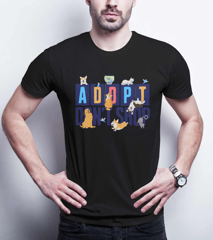 Adopt Don't Shop Cute Animal Design With Cats, Dogs, Fish, And Birds T-Shirt