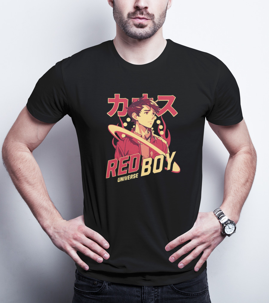Red Boy Universe Anime Style Japanese Text Planet Ring T-Shirt