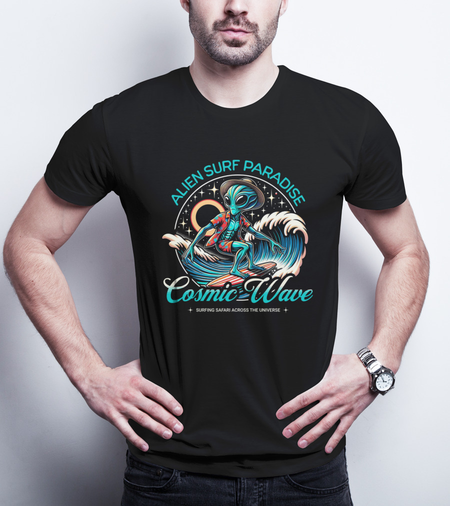 ALIEN SURF PARADISE COSMIC WAVE SURFING SAFARI ACROSS THE UNIVERSE T-Shirt