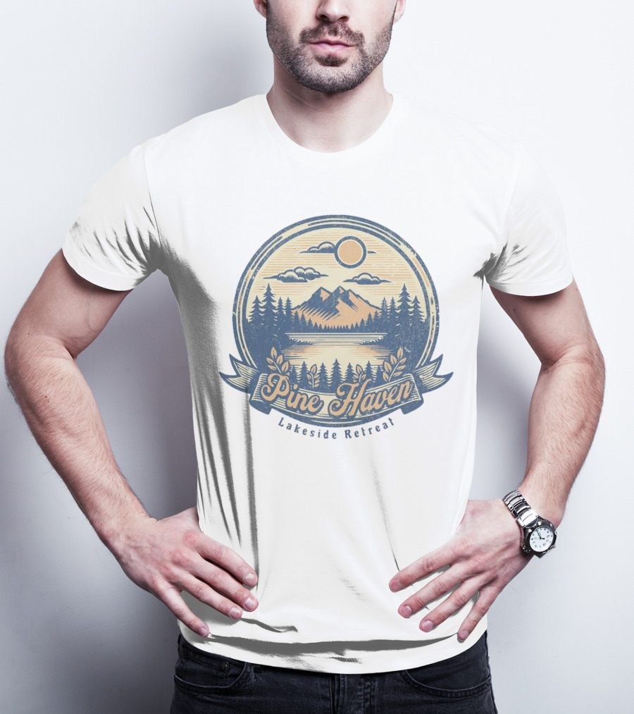 Pine Haven Lakeside Retreat Scenic Mountain Forest Vintage Emblem T-Shirt