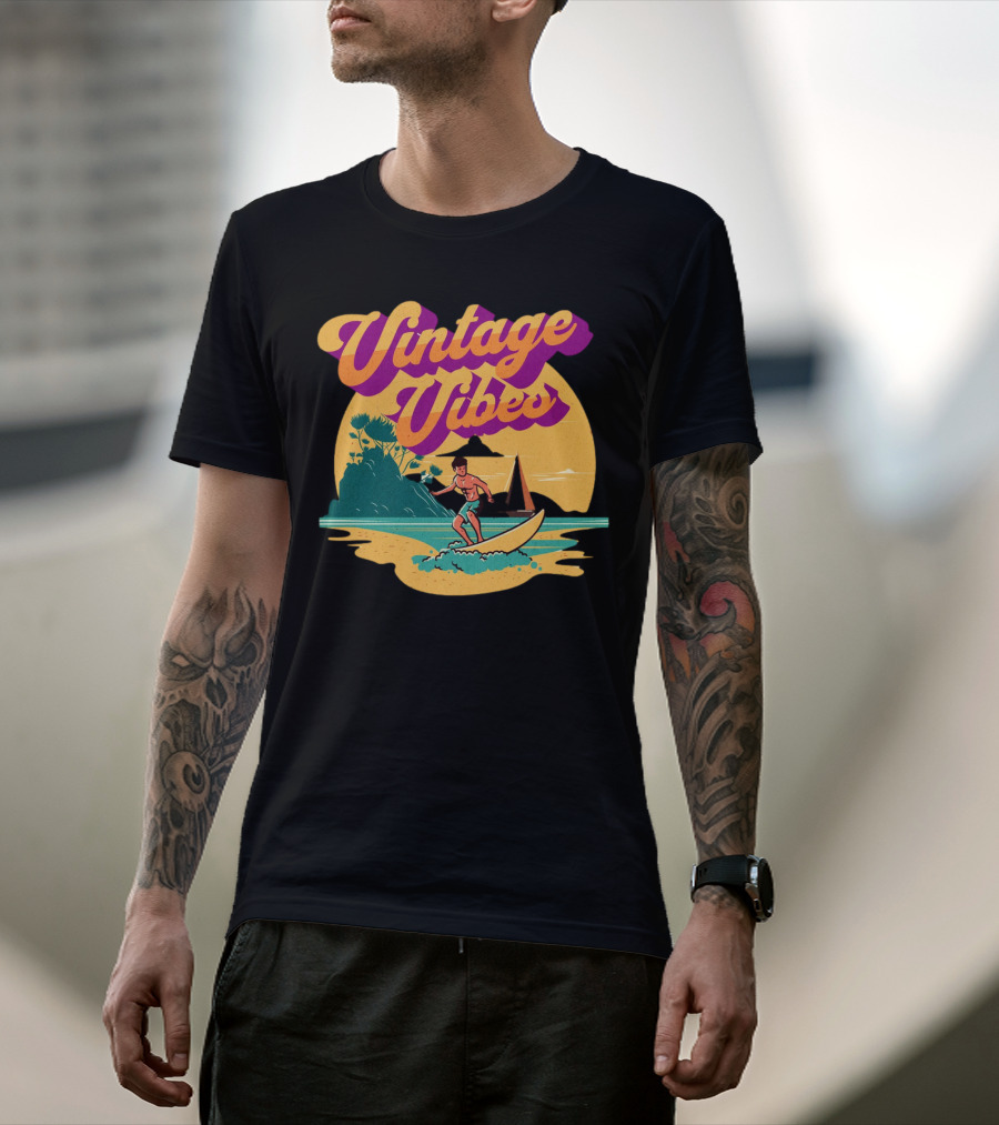 Vintage Vibes Retro Surfing Adventure Sunset Scene T-Shirt