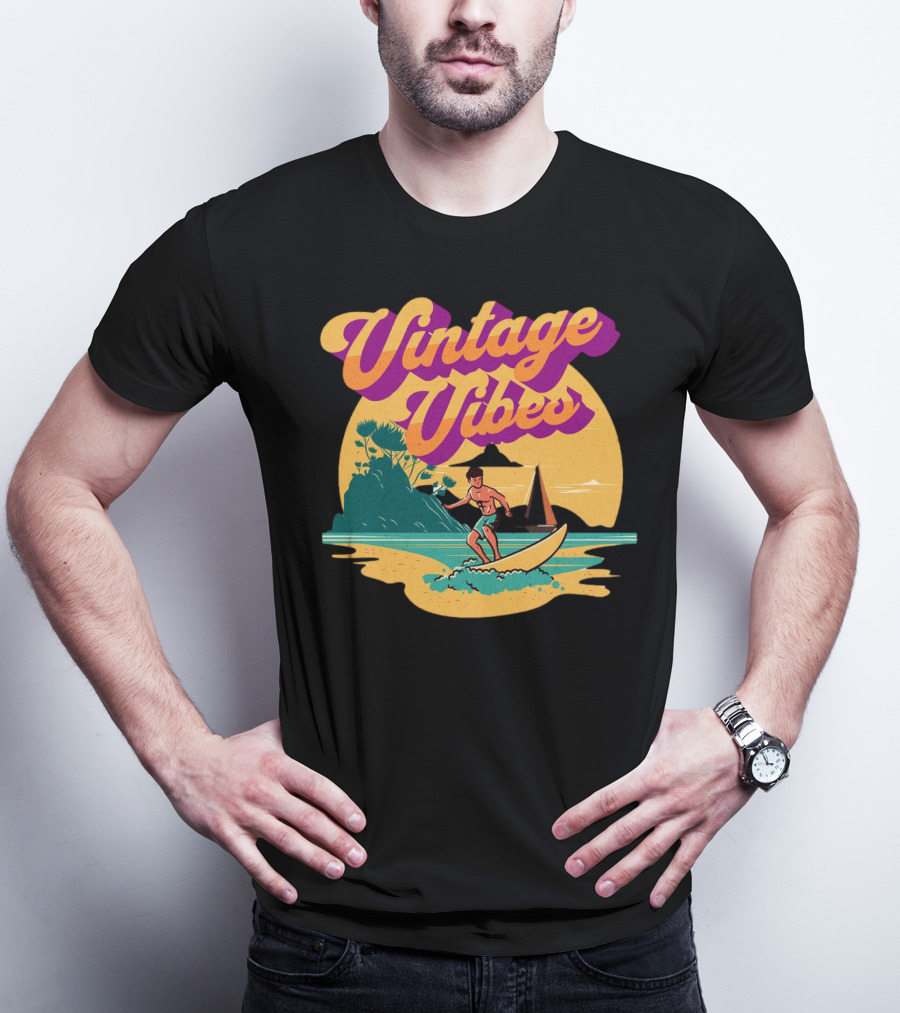 Vintage Vibes Retro Surfing Adventure Sunset Scene T-Shirt