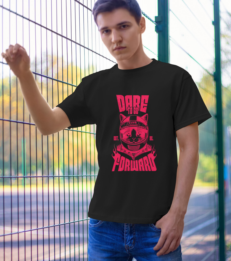 Dare To Go Forward Cat Club Est. 95 Helmet Flames T-Shirt