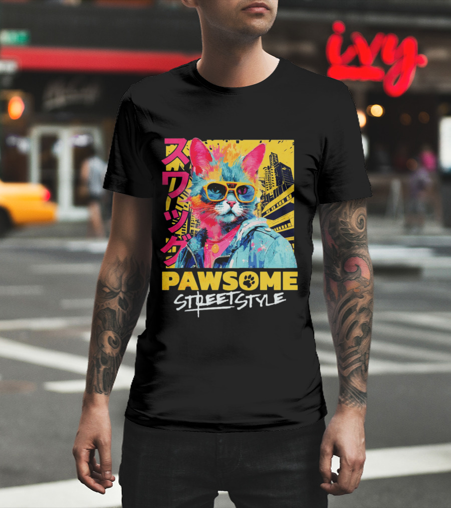 Pawsome Streetstyle Cat With Jacket And Sunglasses Urban Cityscape T-Shirt