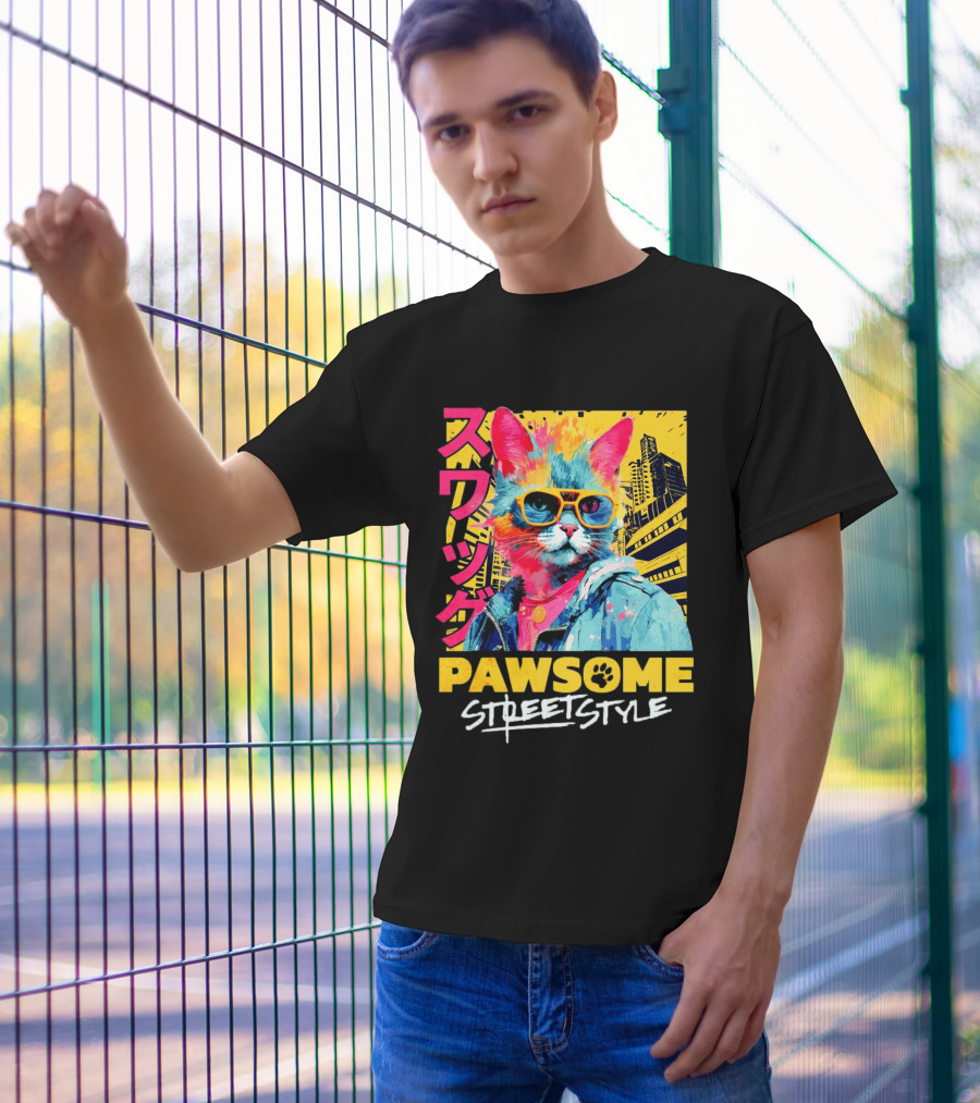 Pawsome Streetstyle Cat With Jacket And Sunglasses Urban Cityscape T-Shirt