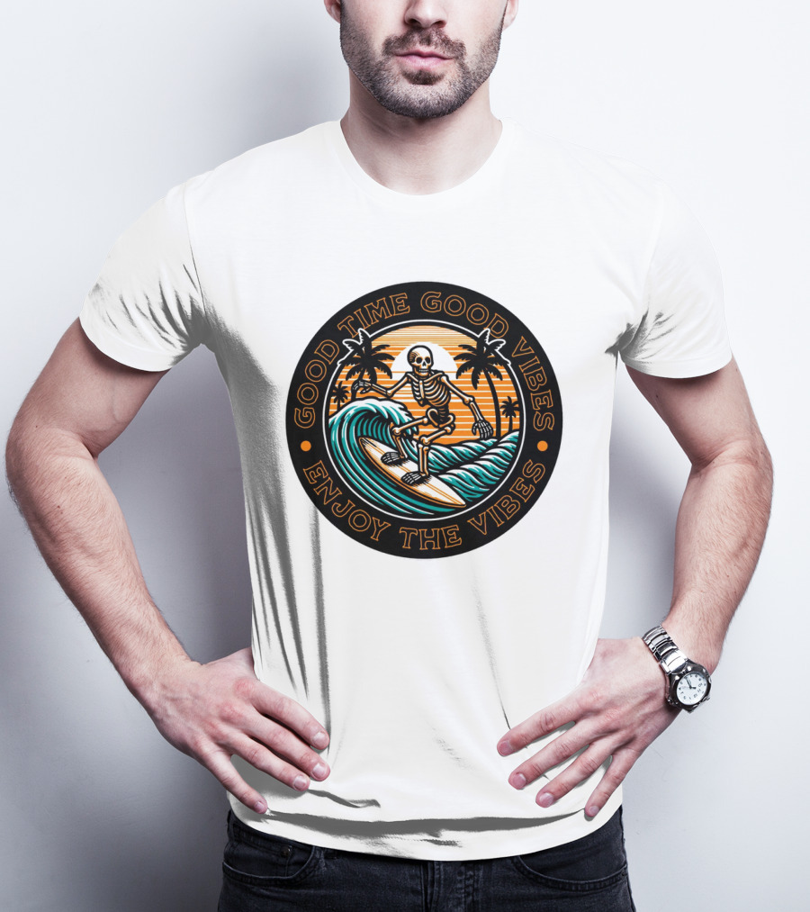 Good Time Good Vibes Enjoy The Vibes Surfer Skeleton Palm Trees Sunset Ocean Waves T-Shirt