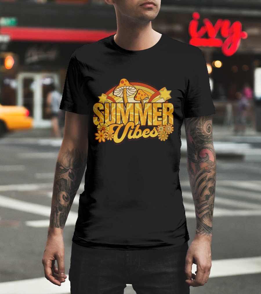 Summer Vibes Groovy Hippie Mushrooms And Flowers Retro Starburst T-Shirt