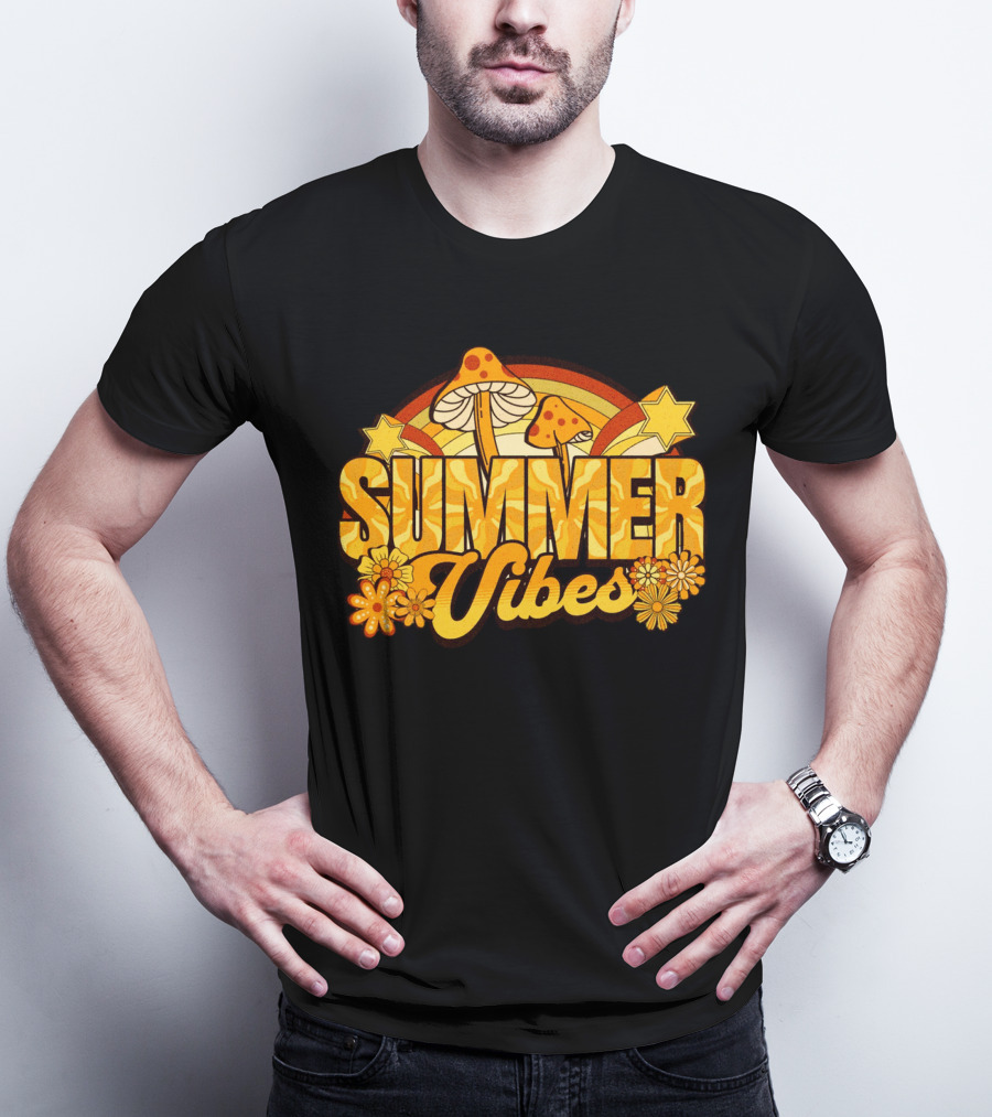 Summer Vibes Groovy Hippie Mushrooms And Flowers Retro Starburst T-Shirt