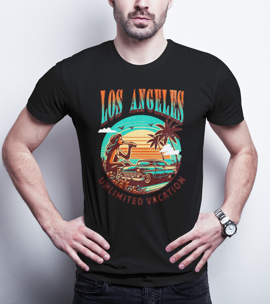 Los Angeles Unlimited Vacation Classic Car Palm Trees Sunset Vibes T-Shirt