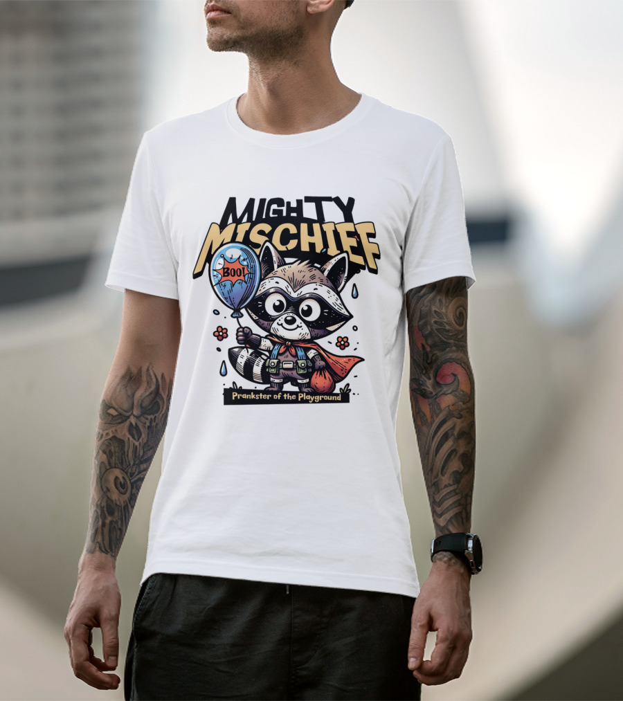 Mighty Mischief Raccoon With Boo Balloon Prankster Of The Playground T-Shirt
