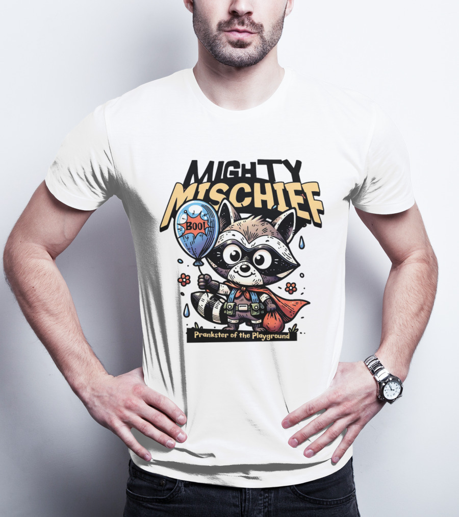 Mighty Mischief Raccoon With Boo Balloon Prankster Of The Playground T-Shirt