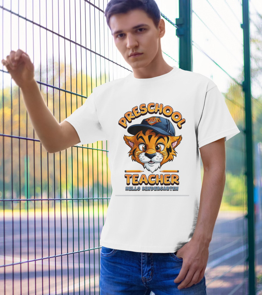 Preschool Teacher Tiger Mascot Hello Kindergarten Back To School T-Shirt