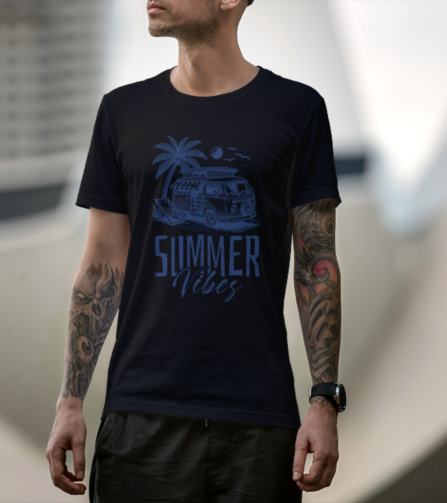 SUMMER VIBES PALM TREE VAN BEACH MOON T-Shirt