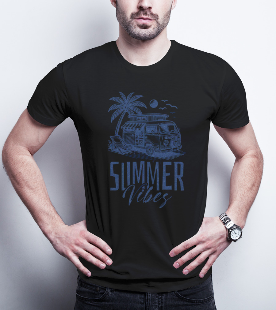SUMMER VIBES PALM TREE VAN BEACH MOON T-Shirt