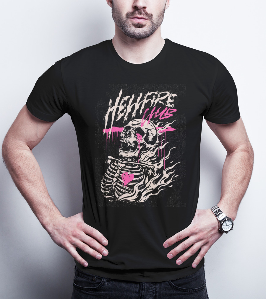 Hellfire Club Skeleton With Flames And Pink Heart Accents T-Shirt