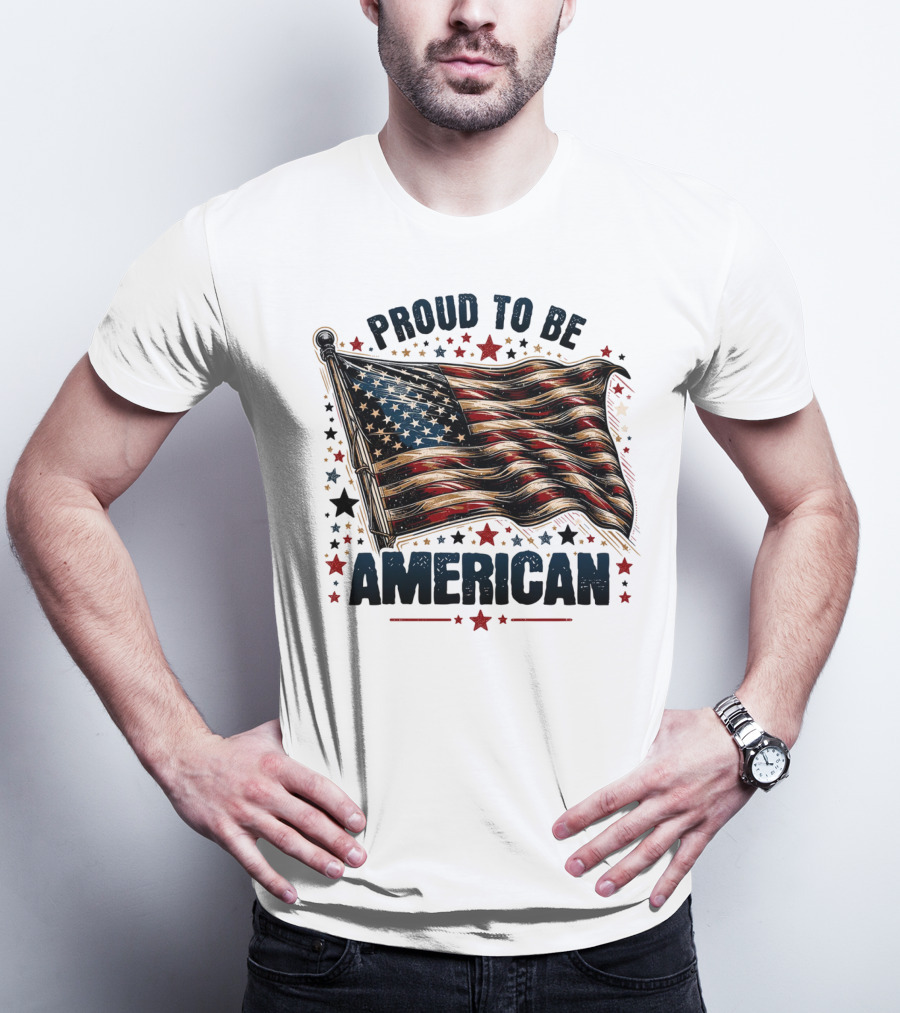 Proud To Be American Waving Stars And Stripes Surrounded By Red And Black Stars T-Shirt