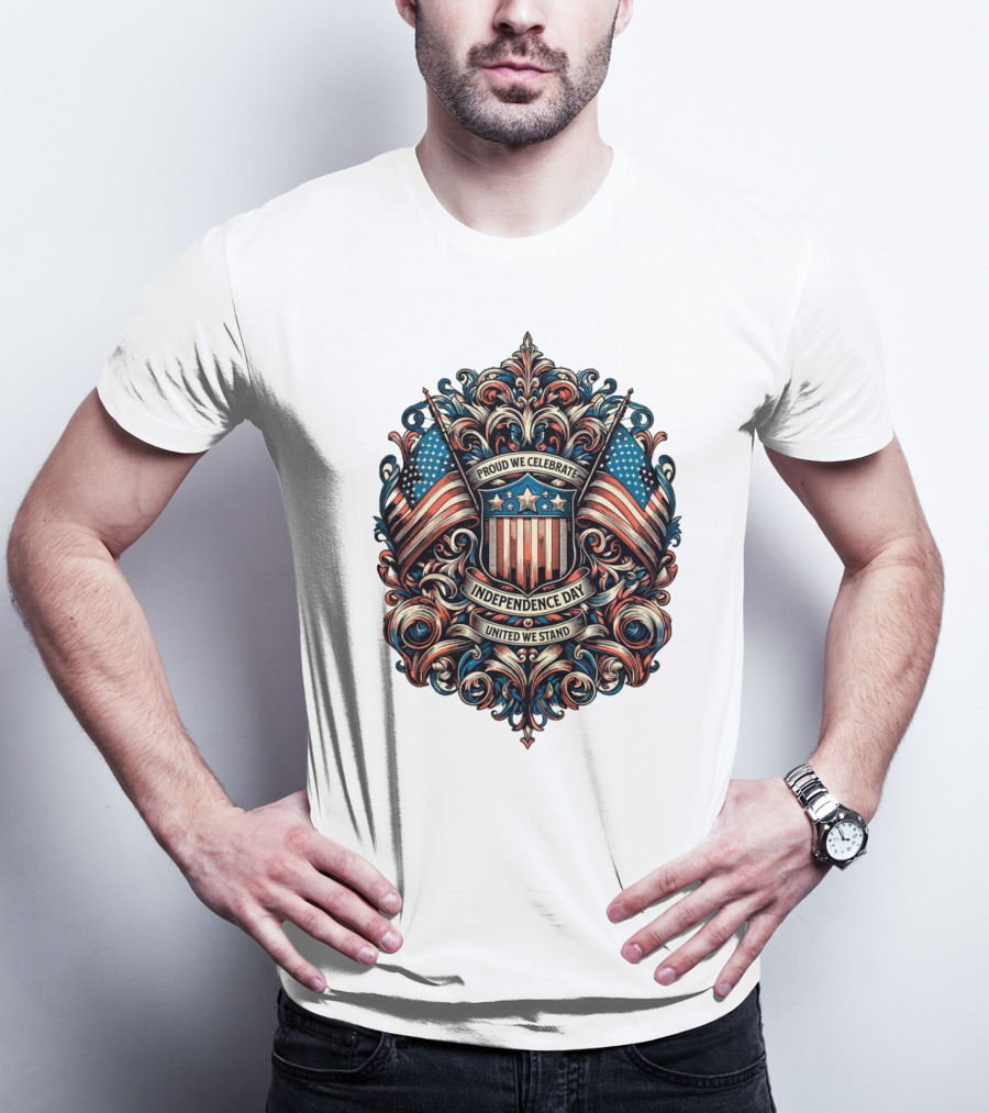 Proud We Celebrate Independence Day United We Stand American Flag Shield Ornamental T-Shirt