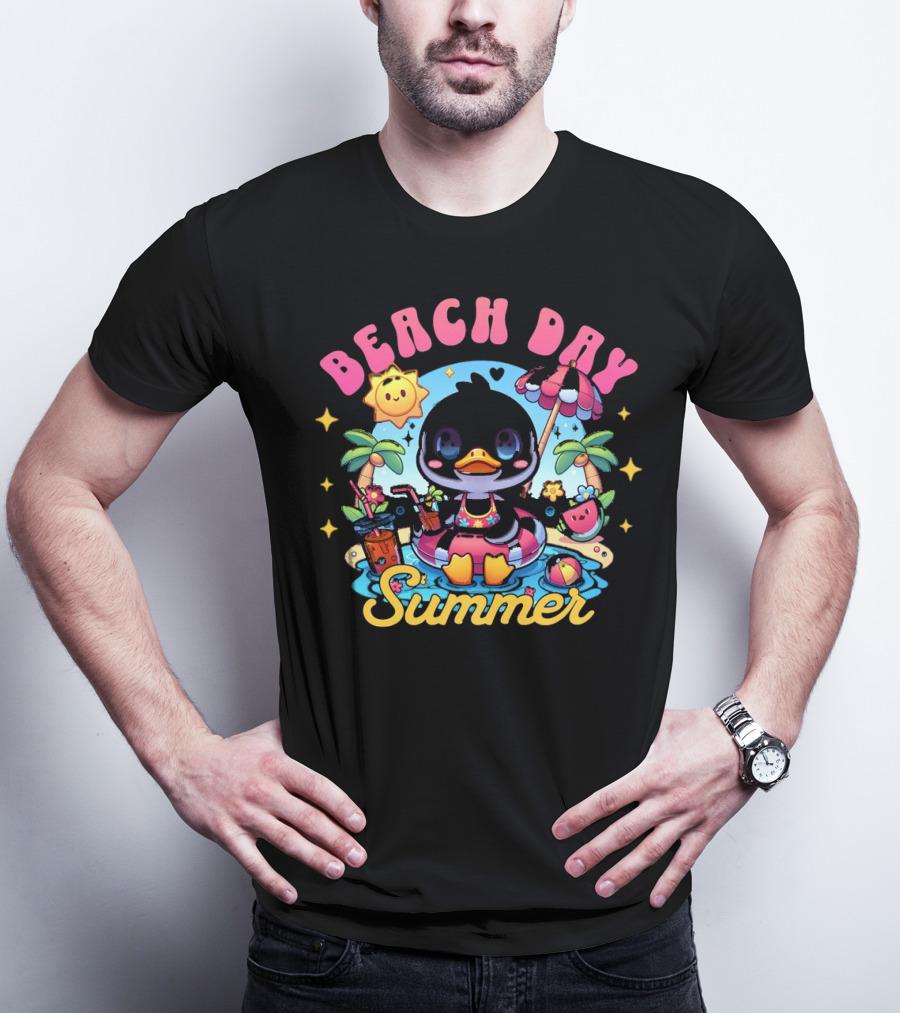 Beach Day Summer Happy Times Good Sunshine Duck In Pool With Palm Trees And Watermelon T-Shirt
