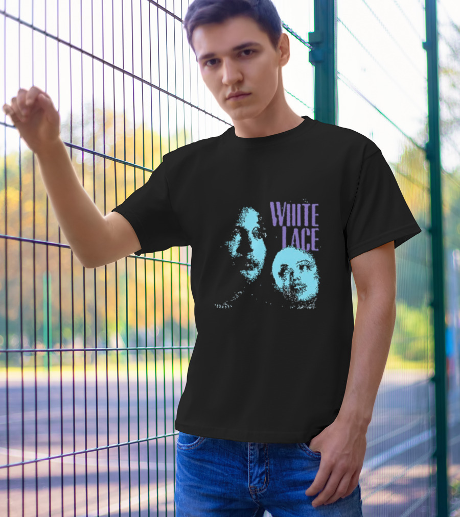Skyler Acord White Lace Text With Two Blue Faces T-Shirt