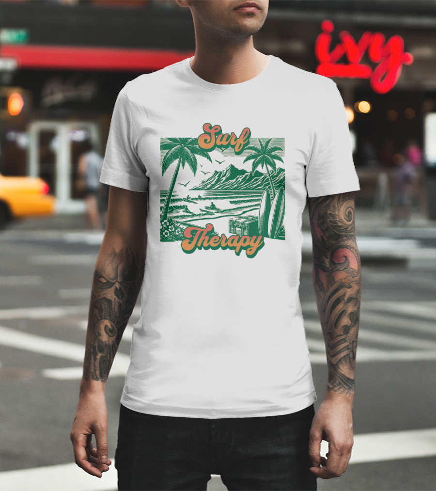 Surf Therapy Tropical Beach Scene With Palm Trees And Surfboards T-Shirt
