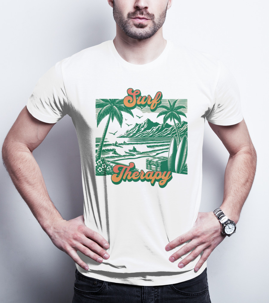 Surf Therapy Tropical Beach Scene With Palm Trees And Surfboards T-Shirt