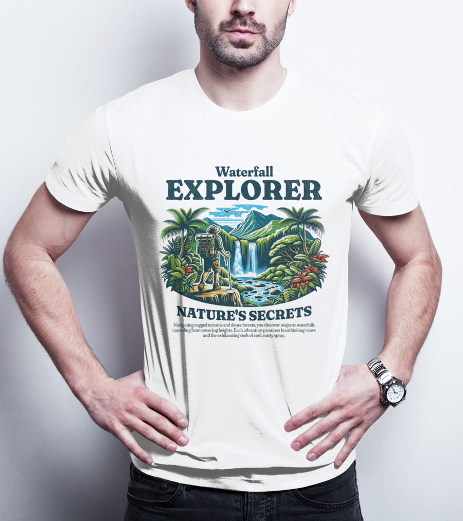 Waterfall Explorer Nature's Secrets Discover Mysteries Towering Heights Breathtaking Views T-Shirt