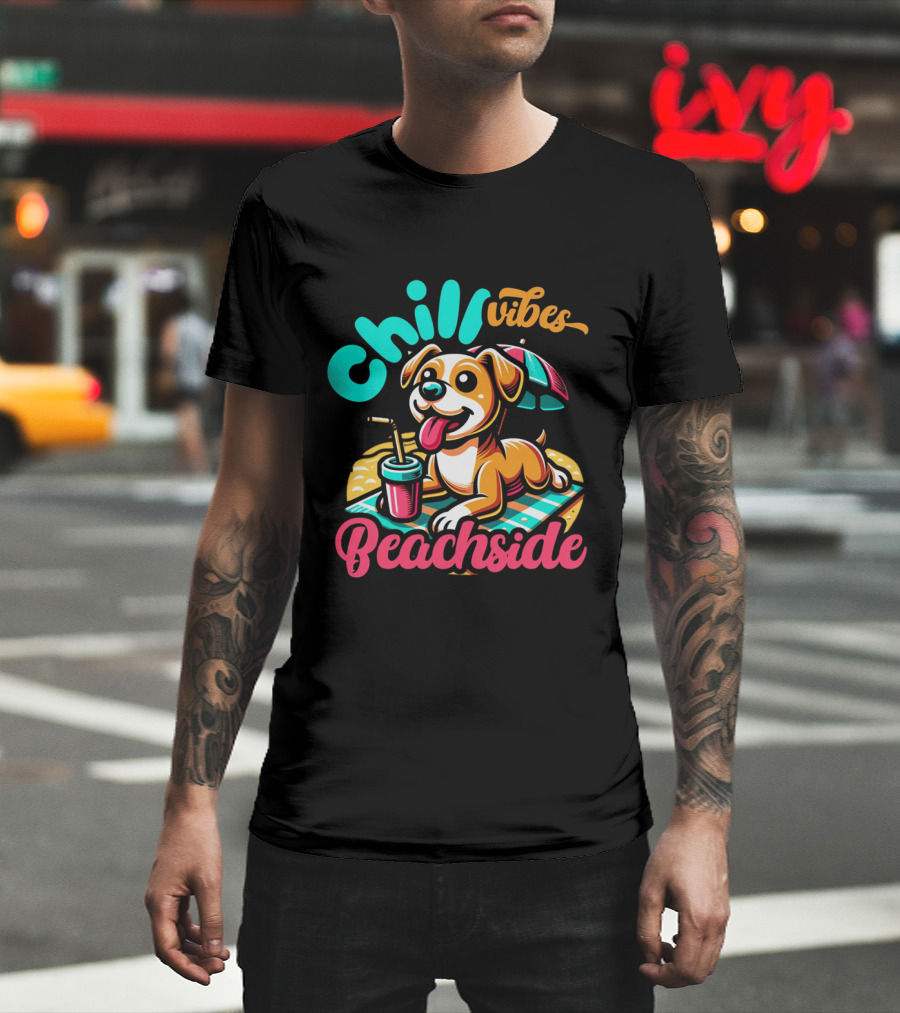 Chill Vibes Beachside Relaxing Dog With Umbrella And Drink T-Shirt